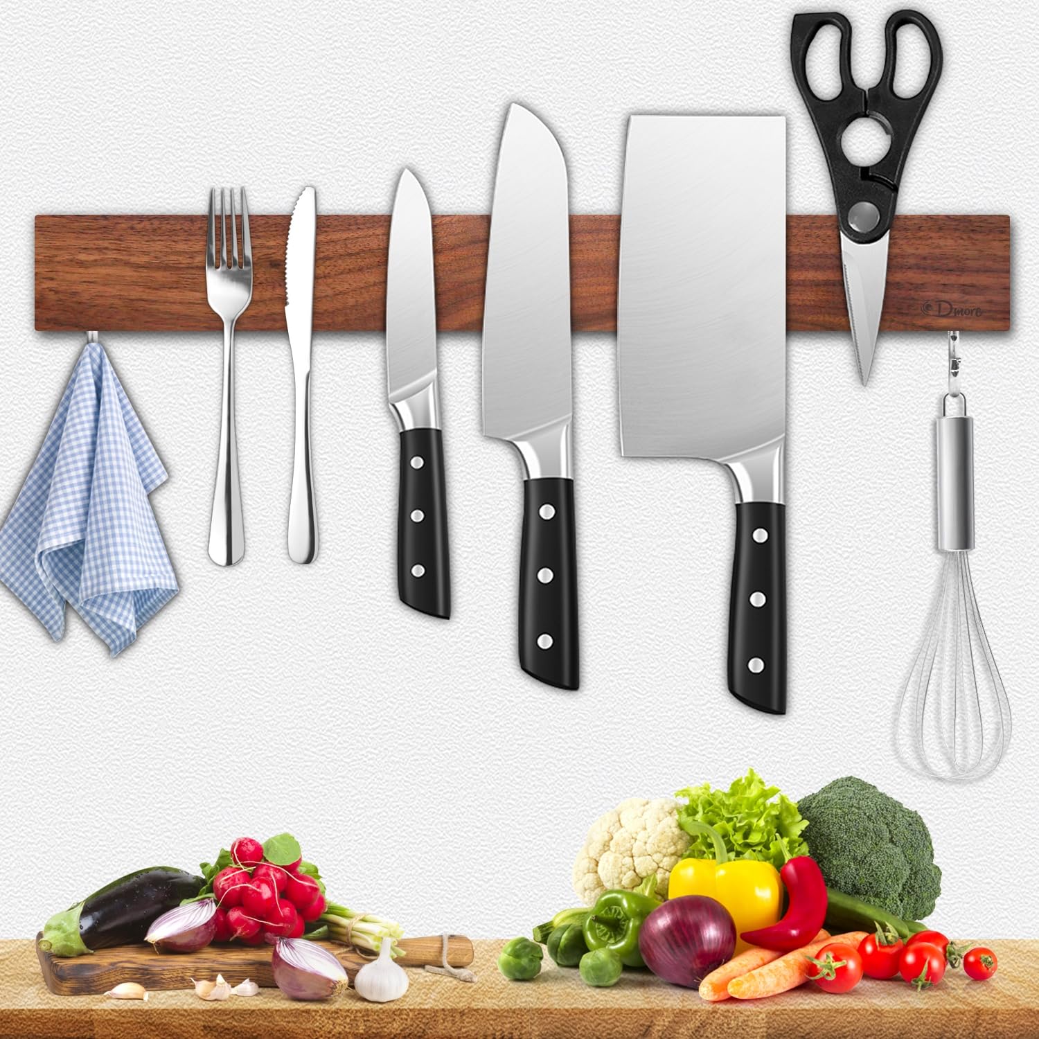 Dmore magnetic knife holder for wall—with 2 hooks, No Drilling 16 Inch Walnut wood knife magnetic strip, Extra Strong Magnet knife rack, include Adhesive Tape and screws for Kitchen