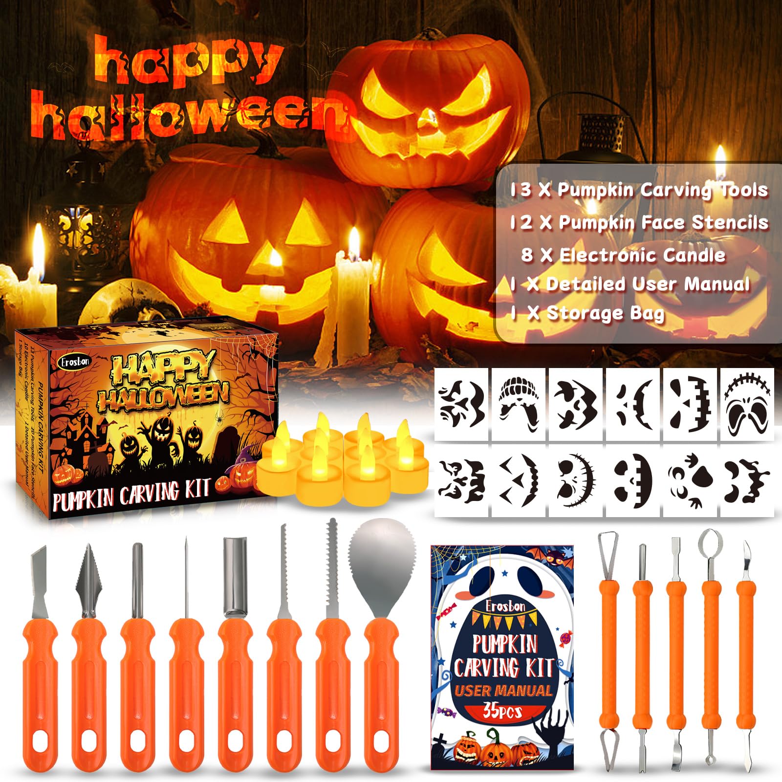 Erosbon 35pcs Pumpkin Carving Kit for Kids & Adult- Professional Stainless Steel Pumpkin Carving Tools & Stencil& Candles for Halloween Decoration Jack O Lantern Pumpkin