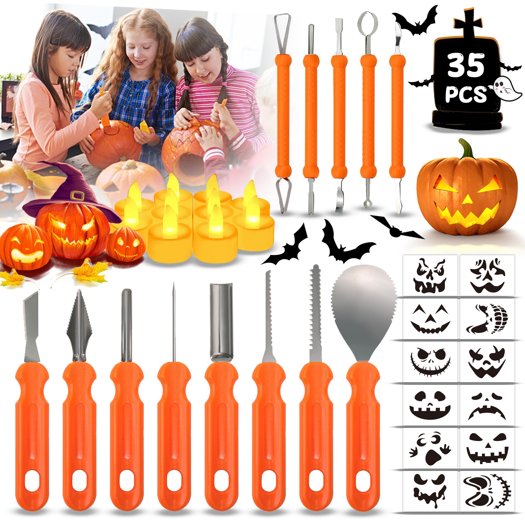 Erosbon 35pcs Pumpkin Carving Kit for Kids & Adult- Professional Stainless Steel Pumpkin Carving Tools & Stencil& Candles for Halloween Decoration Jack O Lantern Pumpkin