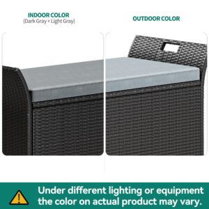 YITAHOME 90 Gallon Outdoor Wicker Storage Bench w/Cushion, Large PE Rattan Deck Storage Box w/Handles & Hydraulics for Patio Furniture, Cushions, Garden Tools, Pool & Sports Equipment, Black&Grey