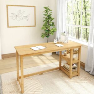 plank+beam computer desk with shelves, simple desk for bedroom, home office study desk, 55.25 inch, natural