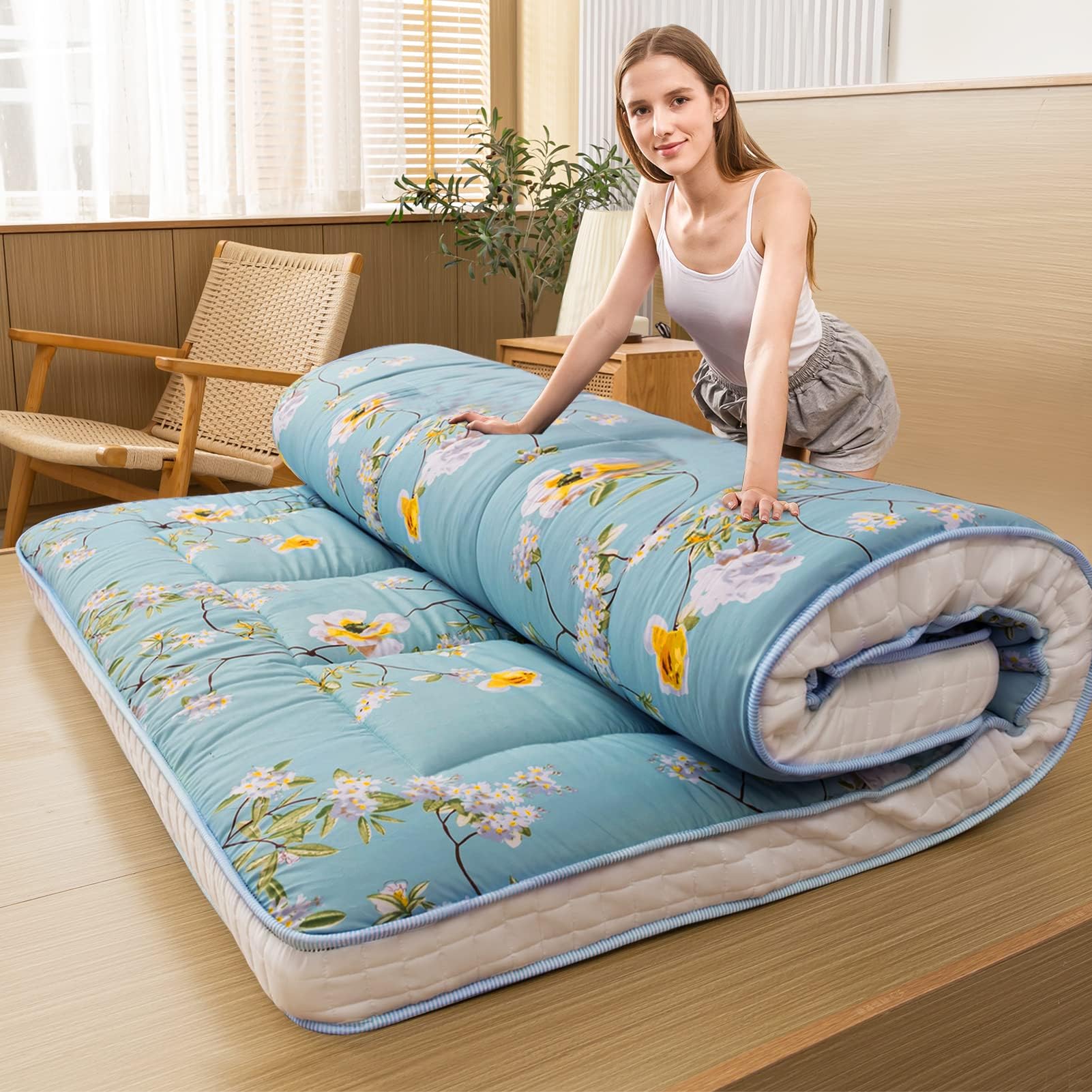 MAXYOYO Rustic Floral Korean Futon Mattress, Japanese Floor Mattress Quilted Bed Mattress Topper, Extra Thick Folding Sleeping Pad Tatami Mat Breathable Floor Lounger Guest Bed for Camping Couch, Full