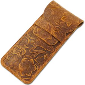 q1t5 handmade genuine leather pen pouch, vintage pencil carrying sleeve crazy horse leather pen protective bag carving style brown