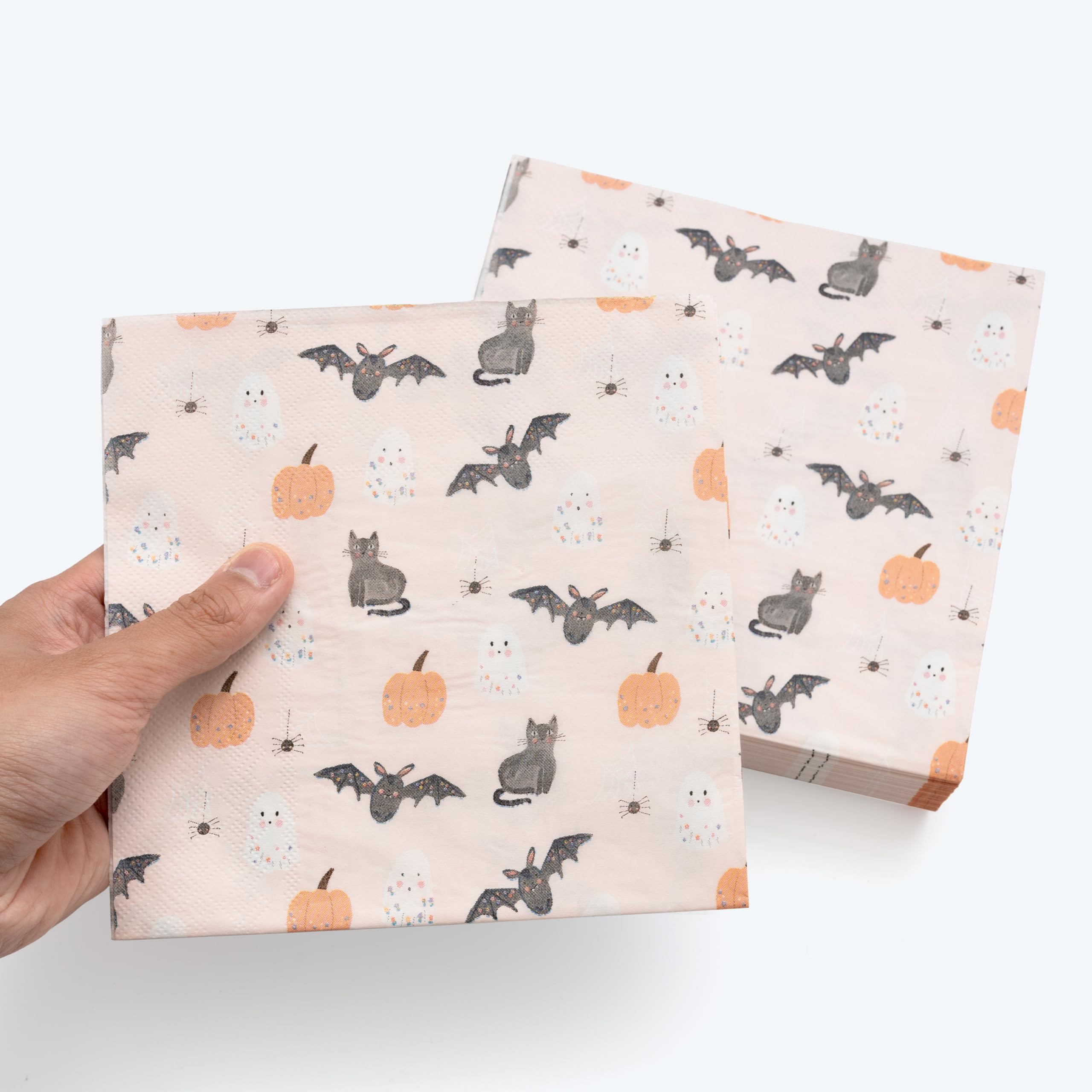 Cheerland Pastel Halloween Theme Napkins - Set of 50 | Adorable Halloween Bat Cat Ghost Pumpkin Design | Indoor/Outdoor