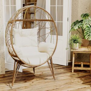 fkslife wicker egg chair with stand cushion outdoor indoor lounger egg basket chair for living room, backyard, balcony, patio (beige)