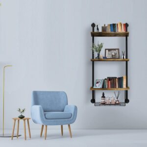 GILPWA 3-Tier Bathroom Shelves, Wall Mounted Floating Shelves with Basket, Easy Assemble Industrial Pipe Shelving, Anti-Rust Wall Shelves for Barhroom Living Room, Kitchen, Bedroom, 44.5 * 16.9 inch