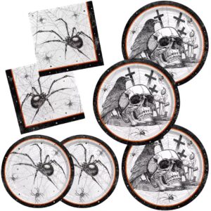 gatherfun spider webs halloween party supplies - featuring skull & spider themes, all-inclusive wicked web paper plates and napkins. ideal for halloween party decorations, serve 50 guests.