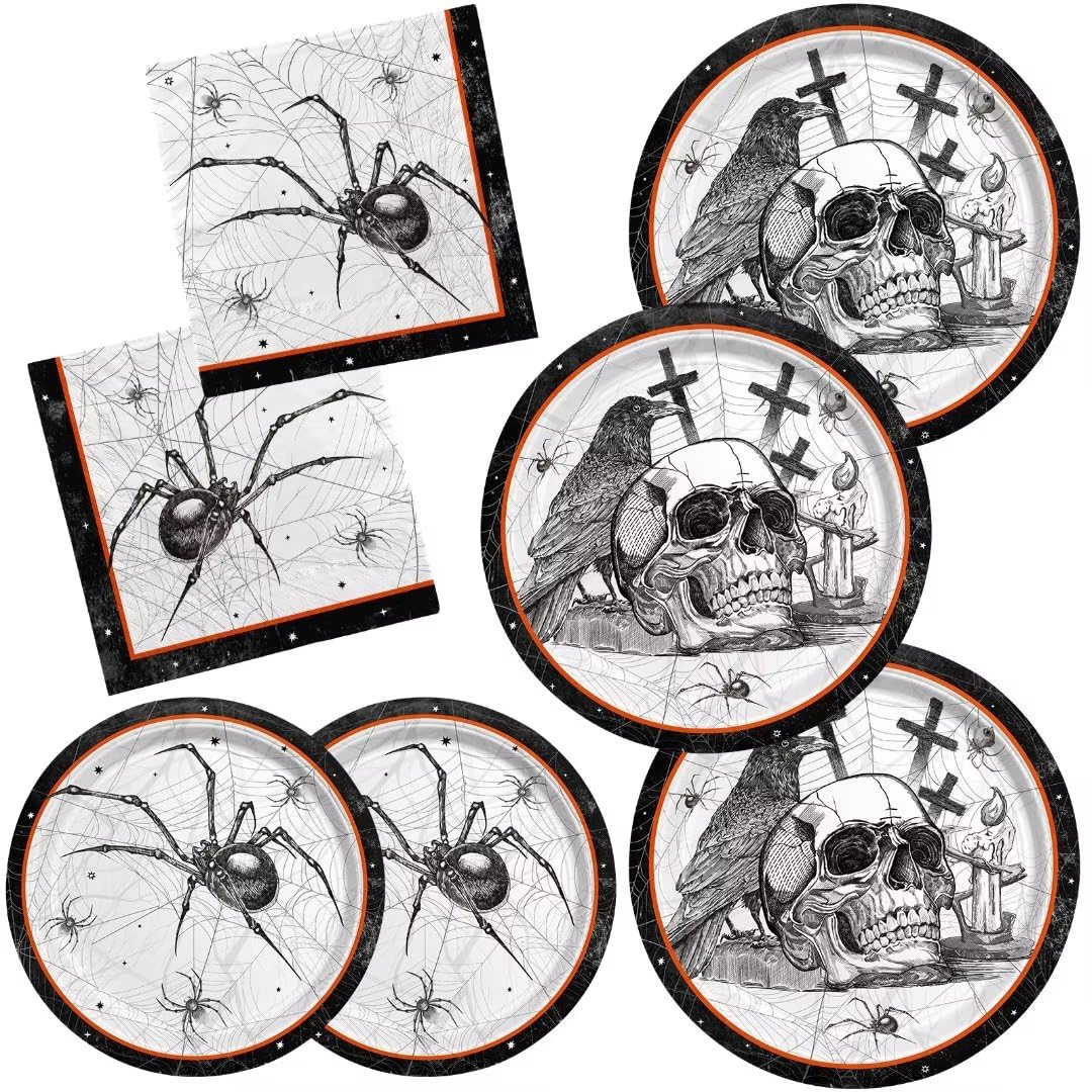 Gatherfun Spider Webs Halloween Party Supplies - Featuring Skull & Spider Themes, All-inclusive Wicked Web Paper Plates and Napkins. Ideal for Halloween Party Decorations, Serve 50 Guests.