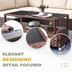 DIMAR GARDEN Outdoor Coffee Table Wicker Patio Rattan Side Table with Glass Top and Storage Shelf,40in Mixed Brown