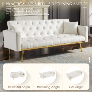 Convertible Velvet Futon Sofa Bed, 73-inch Sleeper Couch with 3 Reclining Angles, Living Room Loveseat Sofa with Golden Tapered Metal Legs, White