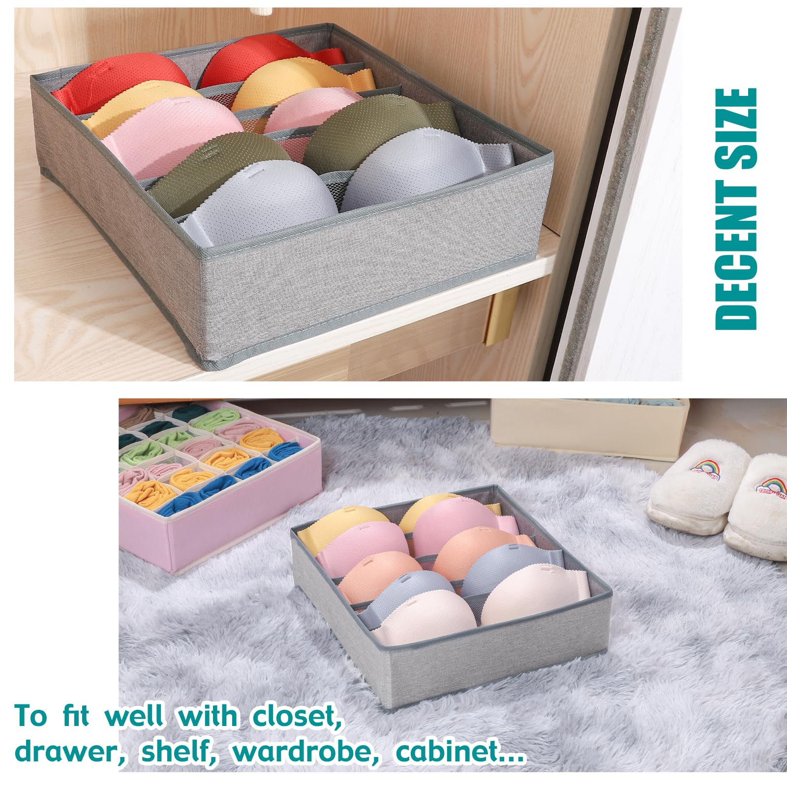 Cawek Bra Storage Drawers Organizer for Clothing Underwear Drawer Organizer Dividers Foldable Storage Cube Bins for Bra,Socks, Underwear,3 Pack （Grey）