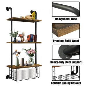 GILPWA 3-Tier Bathroom Shelves, Wall Mounted Floating Shelves with Basket, Easy Assemble Industrial Pipe Shelving, Anti-Rust Wall Shelves for Barhroom Living Room, Kitchen, Bedroom, 44.5 * 16.9 inch