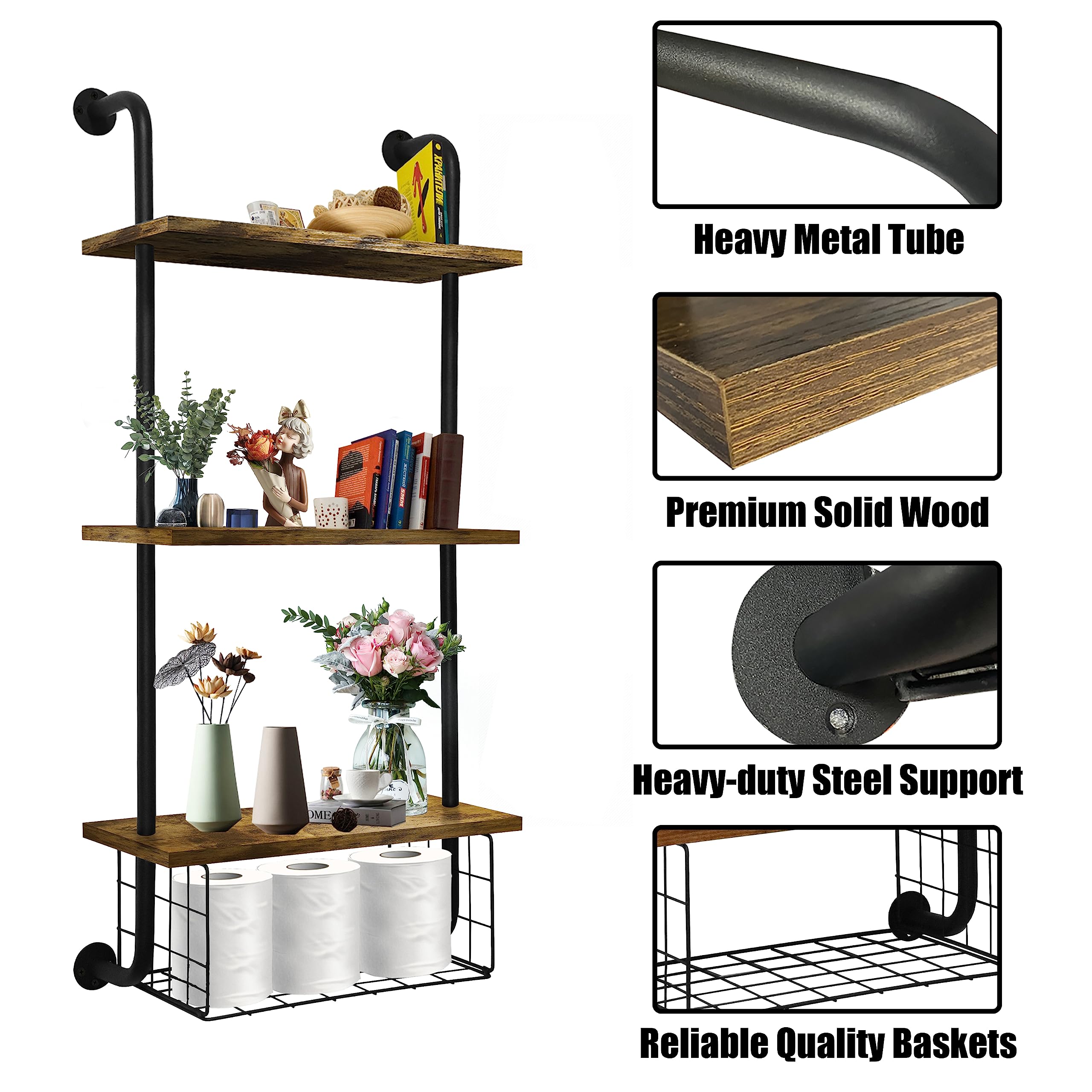 GILPWA 3-Tier Bathroom Shelves, Wall Mounted Floating Shelves with Basket, Easy Assemble Industrial Pipe Shelving, Anti-Rust Wall Shelves for Barhroom Living Room, Kitchen, Bedroom, 44.5 * 16.9 inch