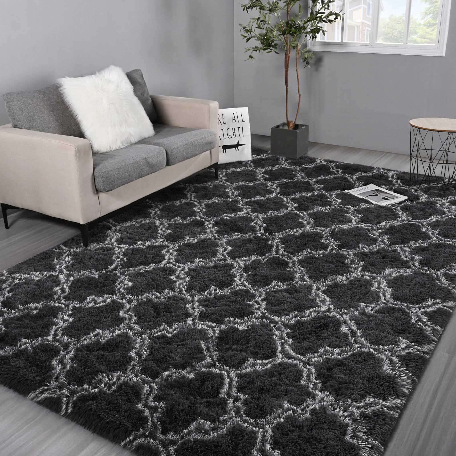 Hutha 6x9 Shag Large Area Rugs for Living Room, Dark Grey and White Modern Super Soft Bedroom Carpet, Moroccan Luxury Geometric Plush Fluffy Rug for Kids Nursery Girls Room Indoor Home Decor