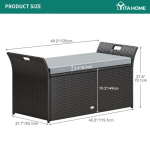 YITAHOME 90 Gallon Outdoor Wicker Storage Bench w/Cushion, Large PE Rattan Deck Storage Box w/Handles & Hydraulics for Patio Furniture, Cushions, Garden Tools, Pool & Sports Equipment, Black&Grey