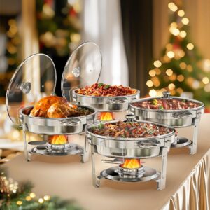 warmounts 4-pack chafing dish buffet set, 98% assembled 5qt round buffet servers no assembly warmers set, stainless steel catering food warmer with glass lid & holder for party