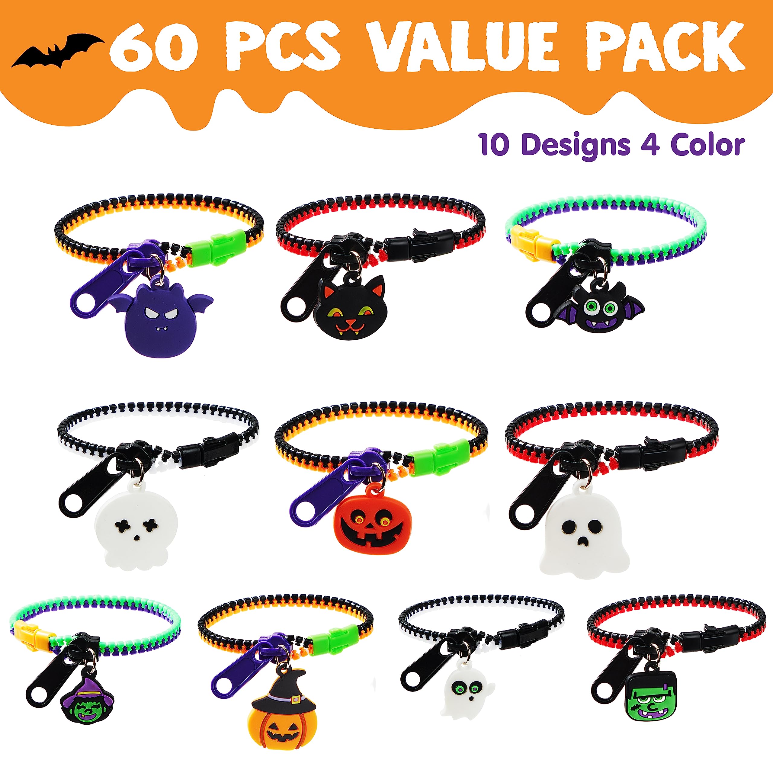 JOYIN 60 PCS Halloween Zipper Bracelets Bulk Set, Friendship Zipper Wristbands for Kids Gift, Halloween Trinkets, Halloween Goodie Bag Fillers, Classroom Prizes