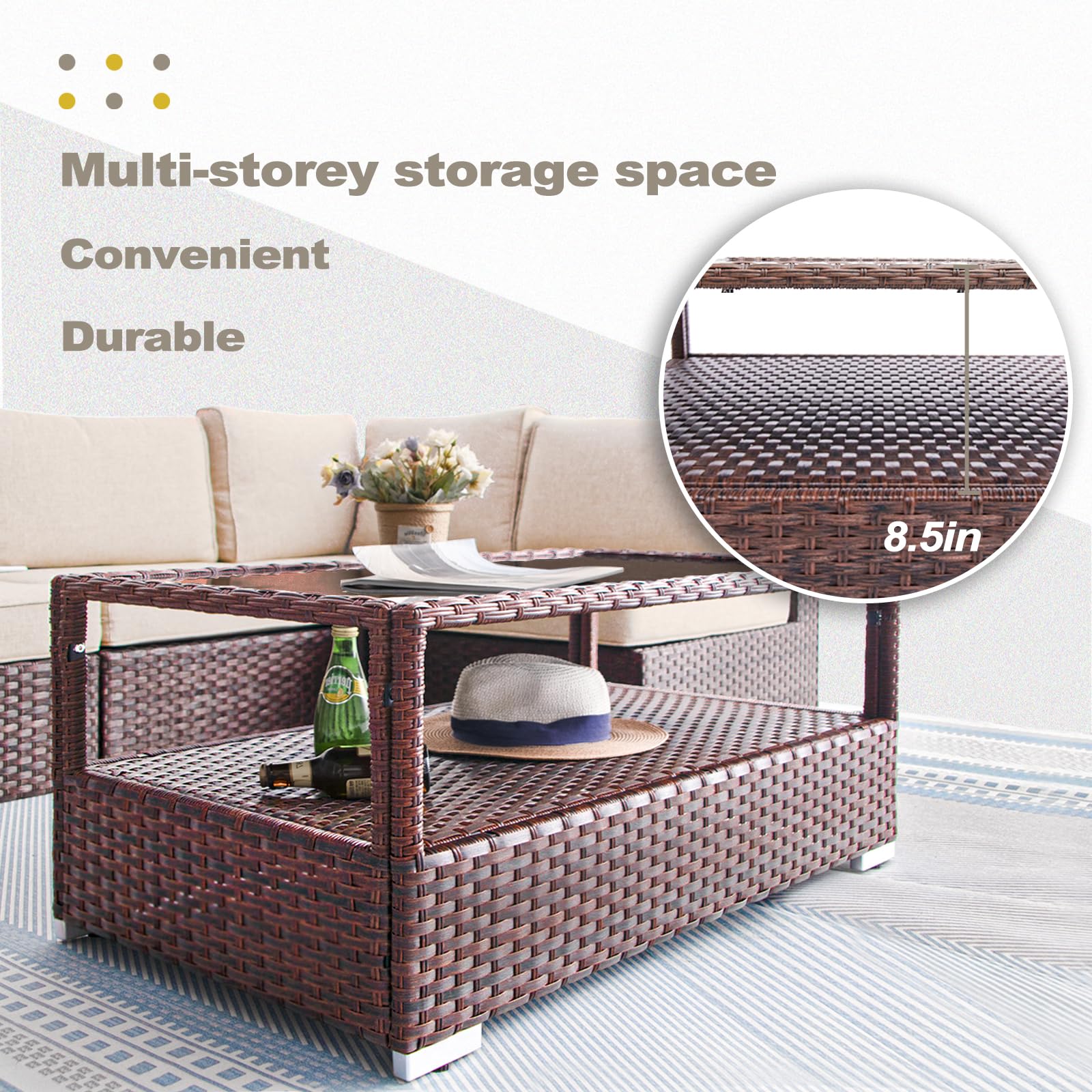 DIMAR GARDEN Outdoor Coffee Table Wicker Patio Rattan Side Table with Glass Top and Storage Shelf,40in Mixed Brown