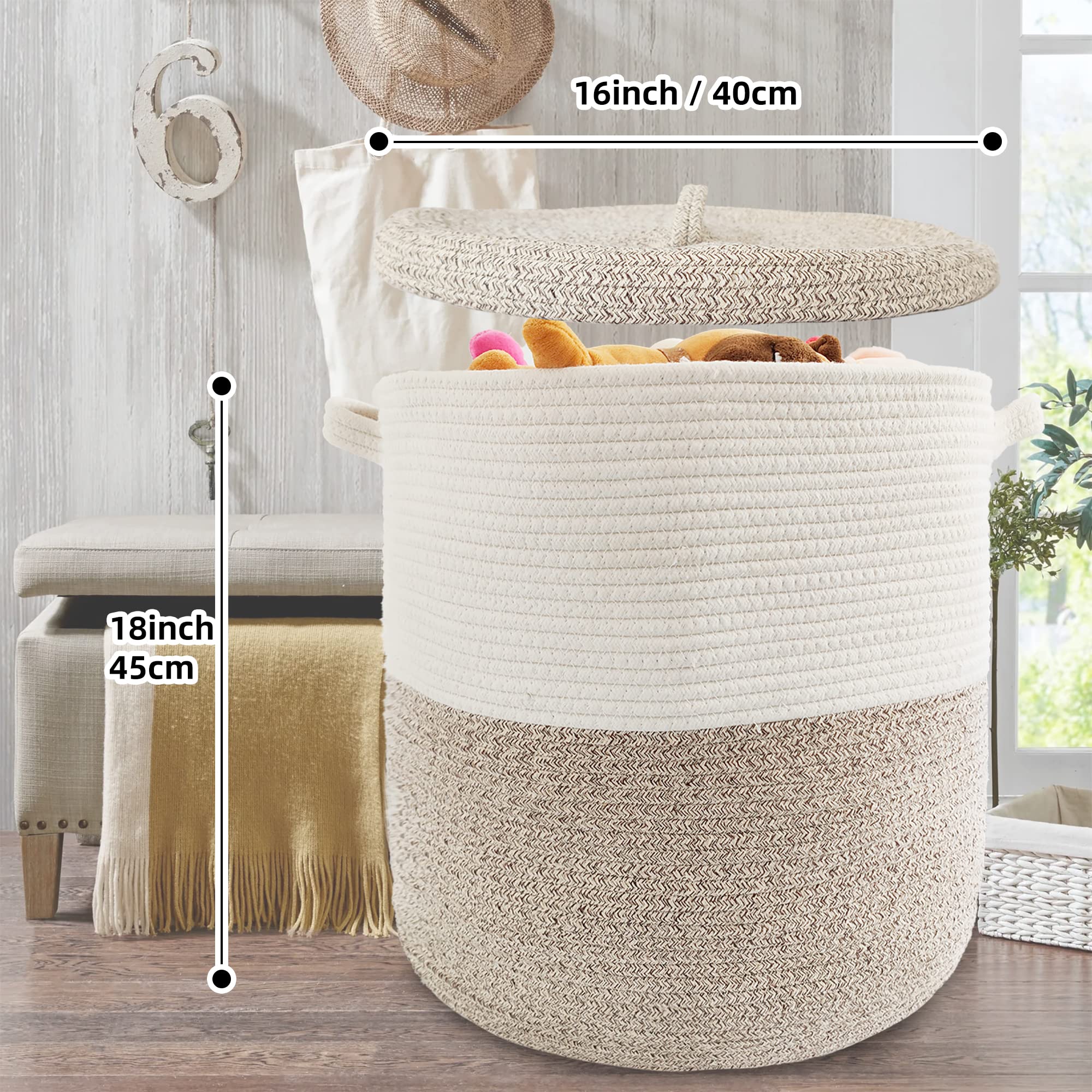 Large Storage Basket with Lid, 16"Wx18"H Woven Laundry Basket with Lid Cotton Laundry Basket, Wicker Basket Blankets Pillows Storage in Living Room, Beige/White Mix with Lid