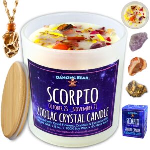 dancing bear scorpio zodiac candle gift box set with 3 healing crystals & stone holder necklace, 100% soy scented wax, crackling wood wick, 45 hour burn time