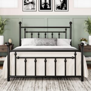 allewie 14 inch queen size metal platform bed frame with victorian vintage headboard and footboard/under bed storage/no box spring needed/easy assembly/noise-free/mattress foundation/black