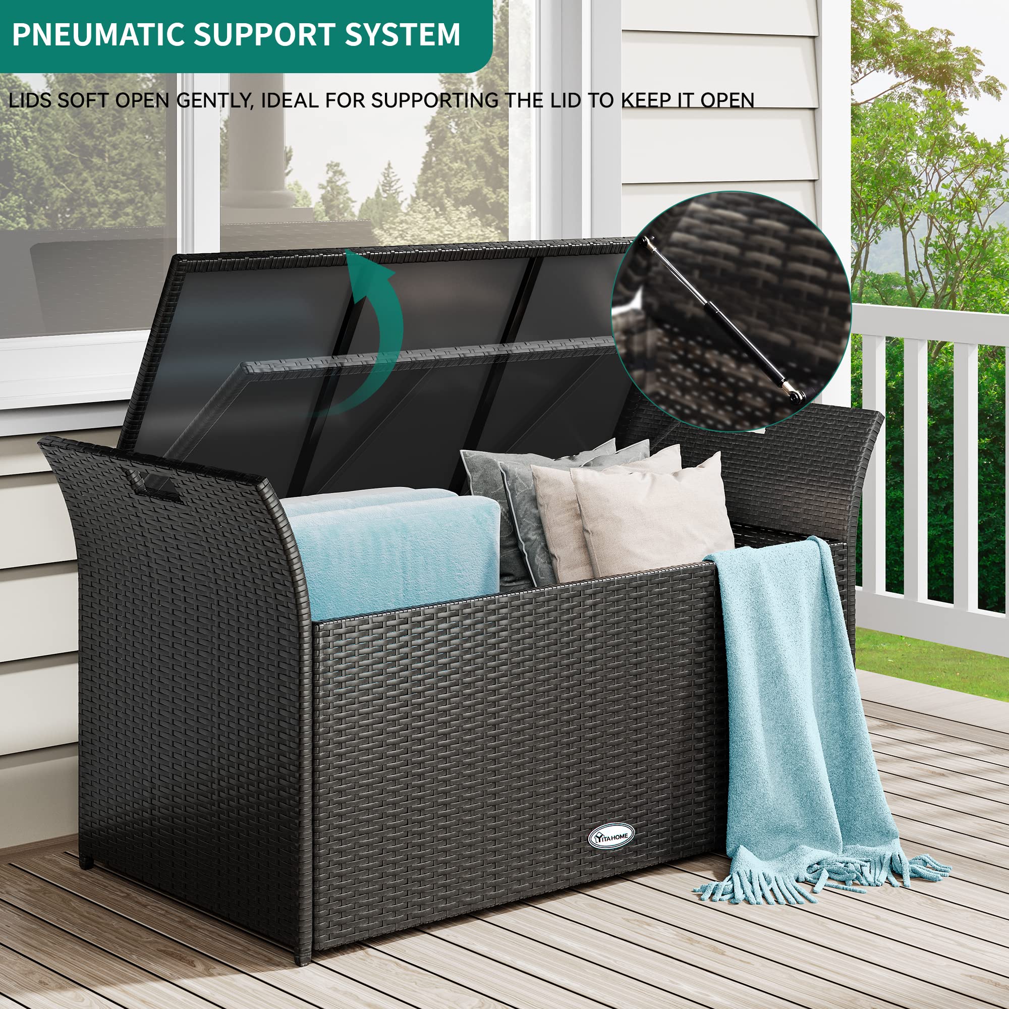 YITAHOME 90 Gallon Outdoor Wicker Storage Bench w/Cushion, Large PE Rattan Deck Storage Box w/Handles & Hydraulics for Patio Furniture, Cushions, Garden Tools, Pool & Sports Equipment, Black&Grey