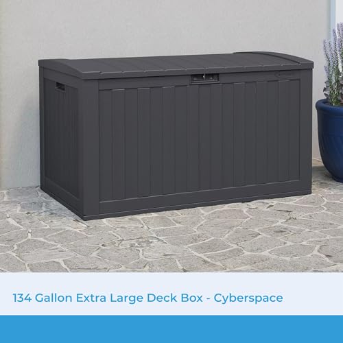 Suncast 134 Gallon Deck Box, Outdoor Storage for Tools, Gardening Equipment, Sports Gear, and More, Cyberspace