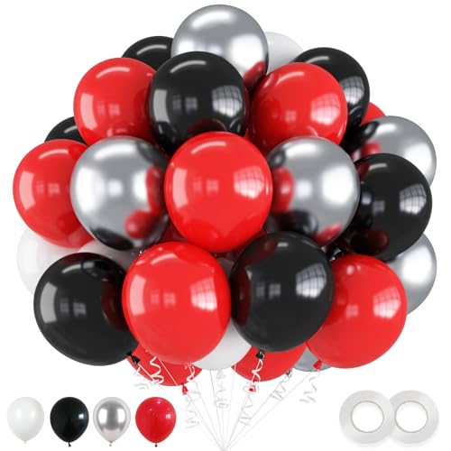 Red and Black Balloons, 60 PCS Red Black and White Balloons Set with Metallic Silver Balloons, 12 Inch Red and Silver Balloons for Kids Boys Graduation Superhero Theme Party Birthday Party Decorations