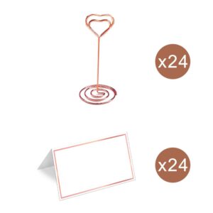 24Pcs Rose Gold Table Place Card Holder and 24Pcs Place Cards with Rose Gold Foil Border for Wedding, Restaurants, Banquets and Dinner Parties, 3.35inch Strong Table Sign Stand Perfect for Photo,