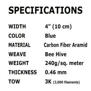 KARBXON - 4 in x 5 ft – Beehive Weave - Carbon Fiber Aramid Fabric - Blue - 3K - 240g/meter - Beehive Weave 4” Wide Hemmed Fabric for Repair, DIY Projects (5, Ft)