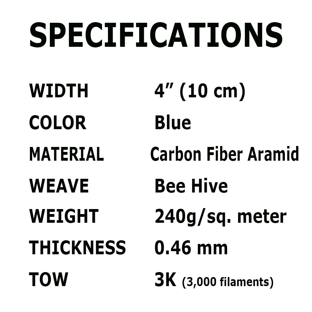 KARBXON - 4 in x 5 ft – Beehive Weave - Carbon Fiber Aramid Fabric - Blue - 3K - 240g/meter - Beehive Weave 4” Wide Hemmed Fabric for Repair, DIY Projects (5, Ft)