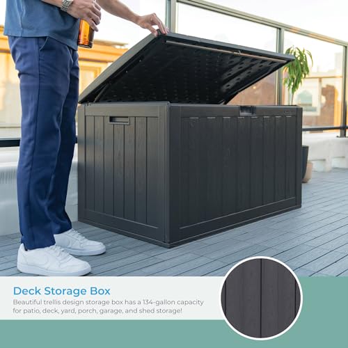 Suncast 134 Gallon Deck Box, Outdoor Storage for Tools, Gardening Equipment, Sports Gear, and More, Cyberspace