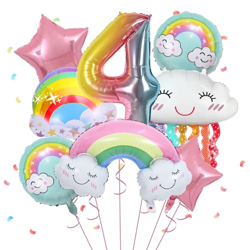 4th Birthday Decorations Girl, 8 Pcs 4 Balloons Birthday Foil Balloons with Rainbow Pink Star Pastel Round Balloons, Number 4 for Girls Birthday Party Baby Shower Supplies