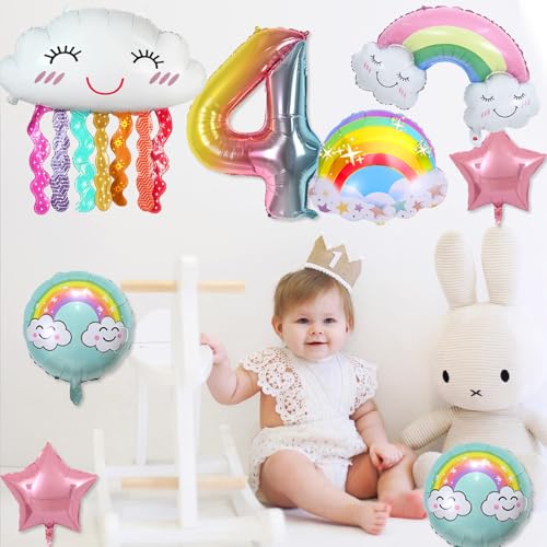 4th Birthday Decorations Girl, 8 Pcs 4 Balloons Birthday Foil Balloons with Rainbow Pink Star Pastel Round Balloons, Number 4 for Girls Birthday Party Baby Shower Supplies