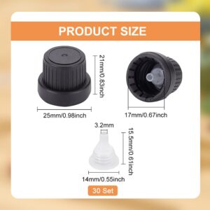 BENECREAT 30 Set Black Boston Bottle Cap, 18mm 18 Tooth Plastic Replacement Bottle Cap with Hopper Inner Plug for Essential Oil Bottle and Reagent Bottle