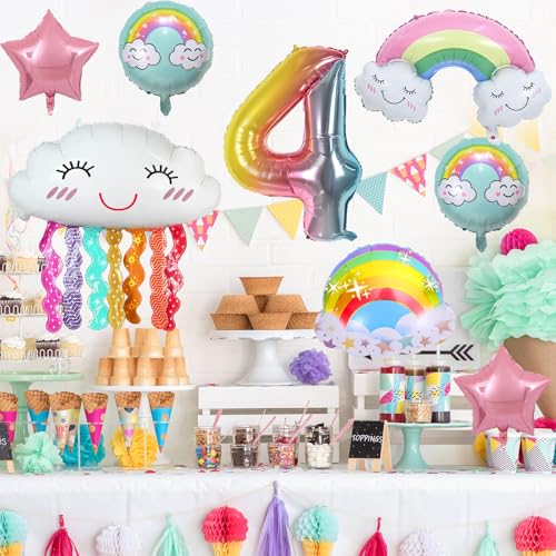 4th Birthday Decorations Girl, 8 Pcs 4 Balloons Birthday Foil Balloons with Rainbow Pink Star Pastel Round Balloons, Number 4 for Girls Birthday Party Baby Shower Supplies