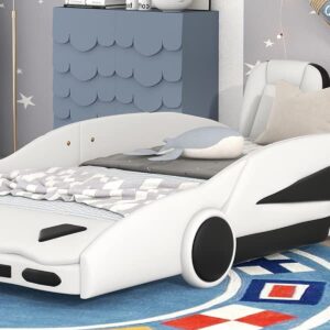 Harper & Bright Designs Twin Size Race Car-Shaped Platform Bed with Wheels, White