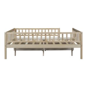 Full Size Bed Frame with Fence Railings and Storage Drawers, Wooden Montessori Style Kids Beds with Slats Support, Dual-use Daybed for Bedroom and Living Room, Natural