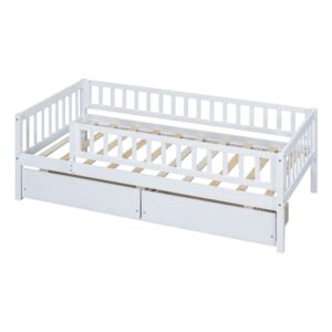 Harper & Bright Designs Twin Size Daybed with Two Drawers, Wood Kids Twin Platform Bed Frame with Storage and Rails, No Box Spring Needed, Easy Assembly (Twin Size, White)