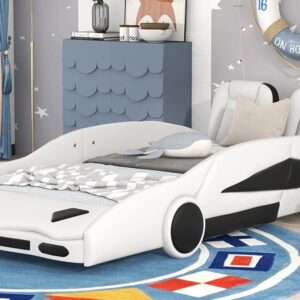 Harper & Bright Designs Twin Size Race Car-Shaped Platform Bed with Wheels, White