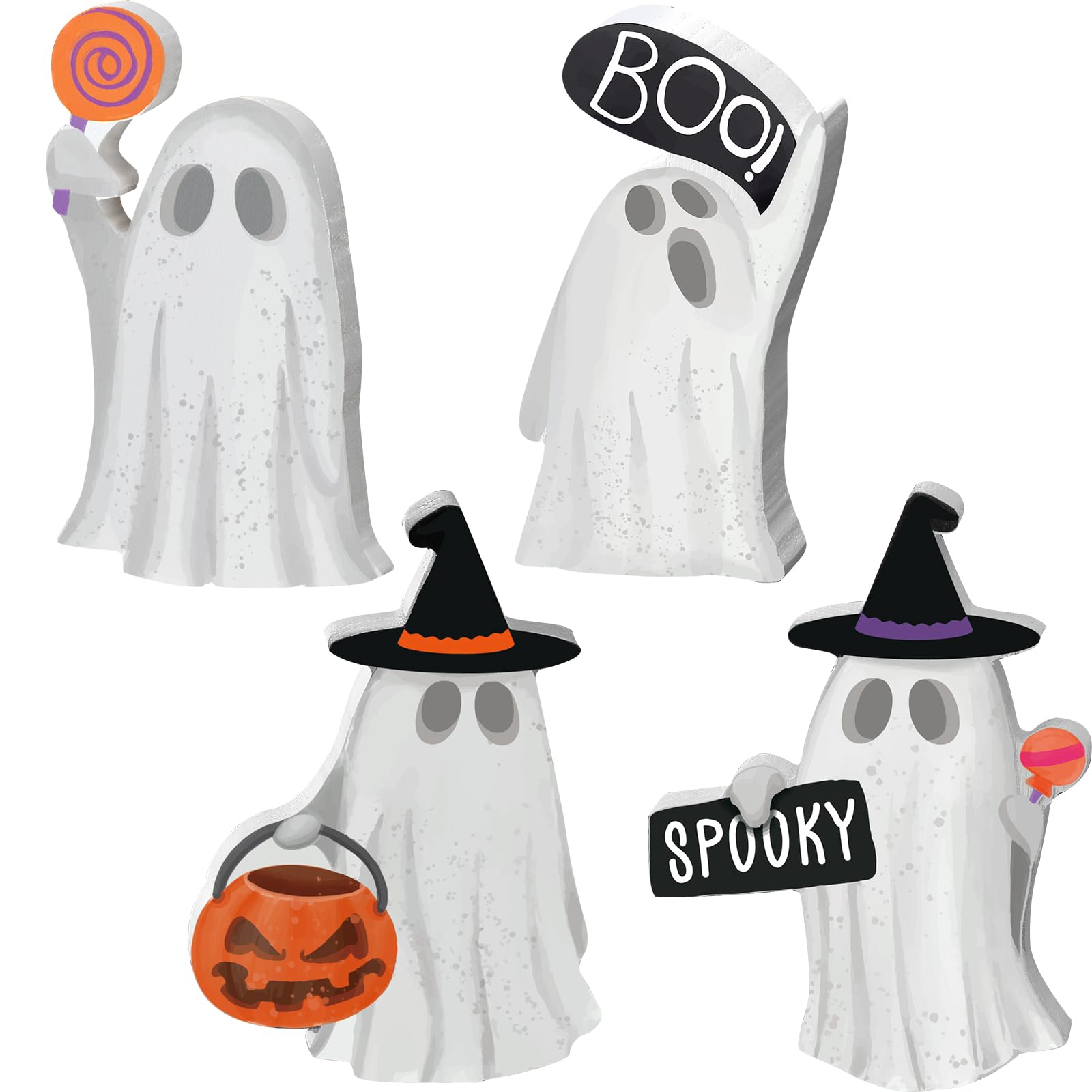 Thyle 4 Pieces Halloween Tiered Tray Decor Halloween White Ghosts Wooden Signs Wood Cute Ghost Figurine Farmhouse Boo Spooky Table Sign for Kitchen Decoration Home Table Centerpiece Party Supplies