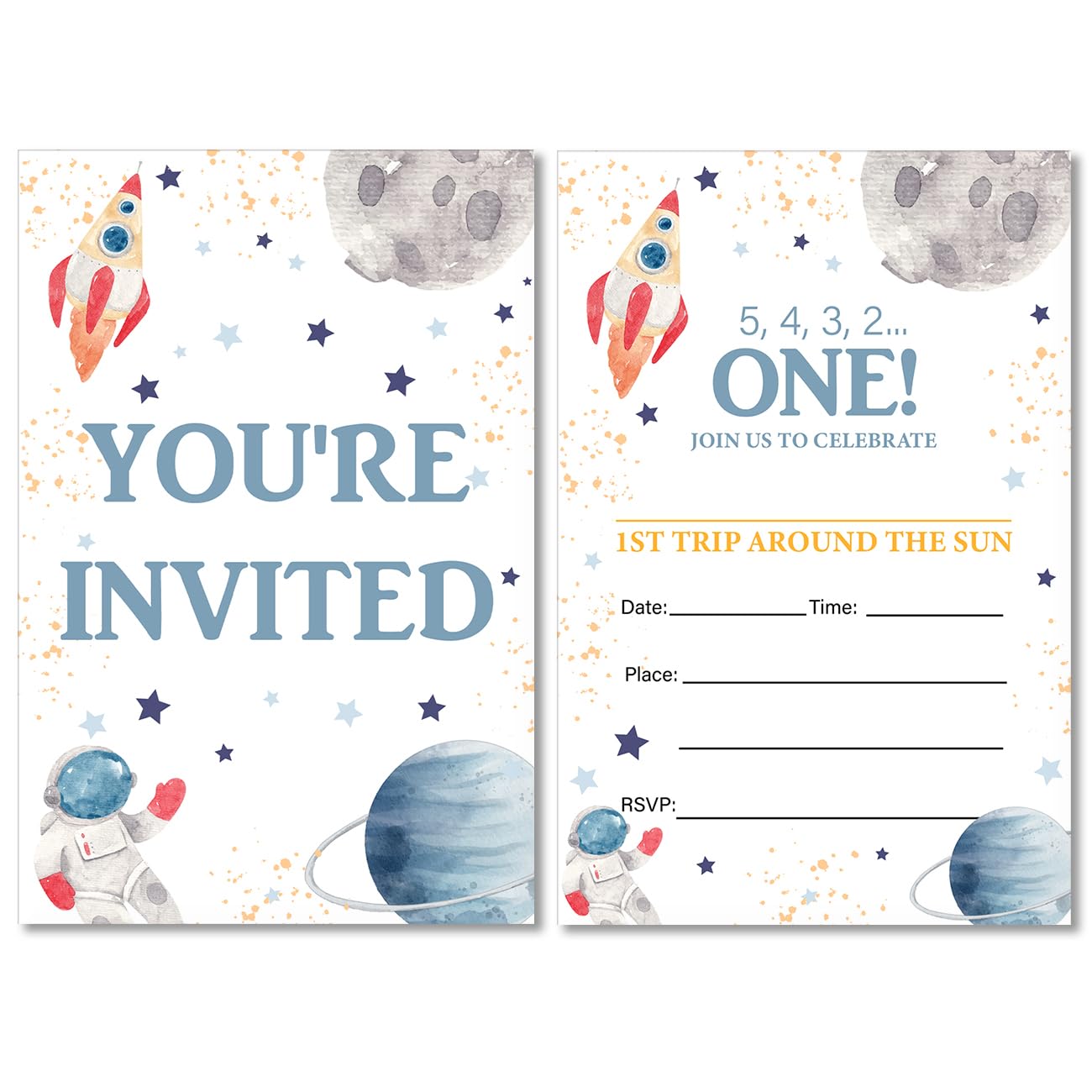 Outer Space First Trip Around the Sun 1st Birthday Party Invitations with Envelopes Set of 20 Astronaut Galaxy Space First Birthday Invites Fill in Blank