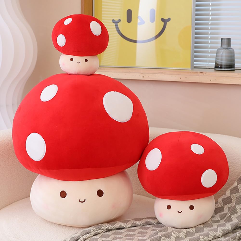 SNOWOLF Cute Mushroom Plush Toy 3D Soft Red Mushroom Plushie Pillow Kawaii Squishy Doll Stuffed Hugging Pillows Gift for Girls Kids Women Decor Christmas Valentines Party, 9.8inch