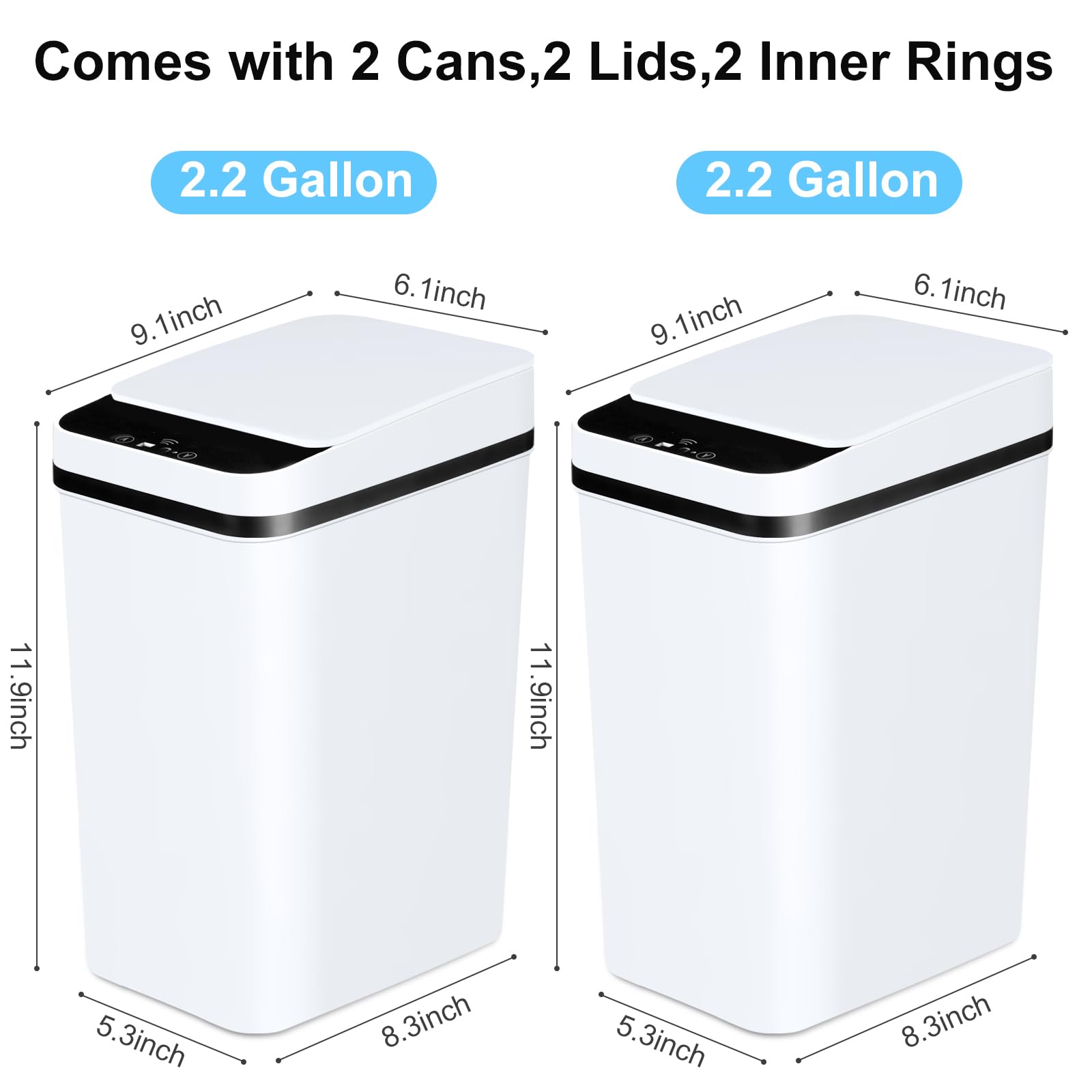 Anborry Bathroom Trash Cans with Lid 2 Pack 2.2 Gallon Touchless Automatic Motion Sensor Small Slim Garbage Can, Smart Electric Narrow Garbage Bin for Bedroom Office Kitchen (White)