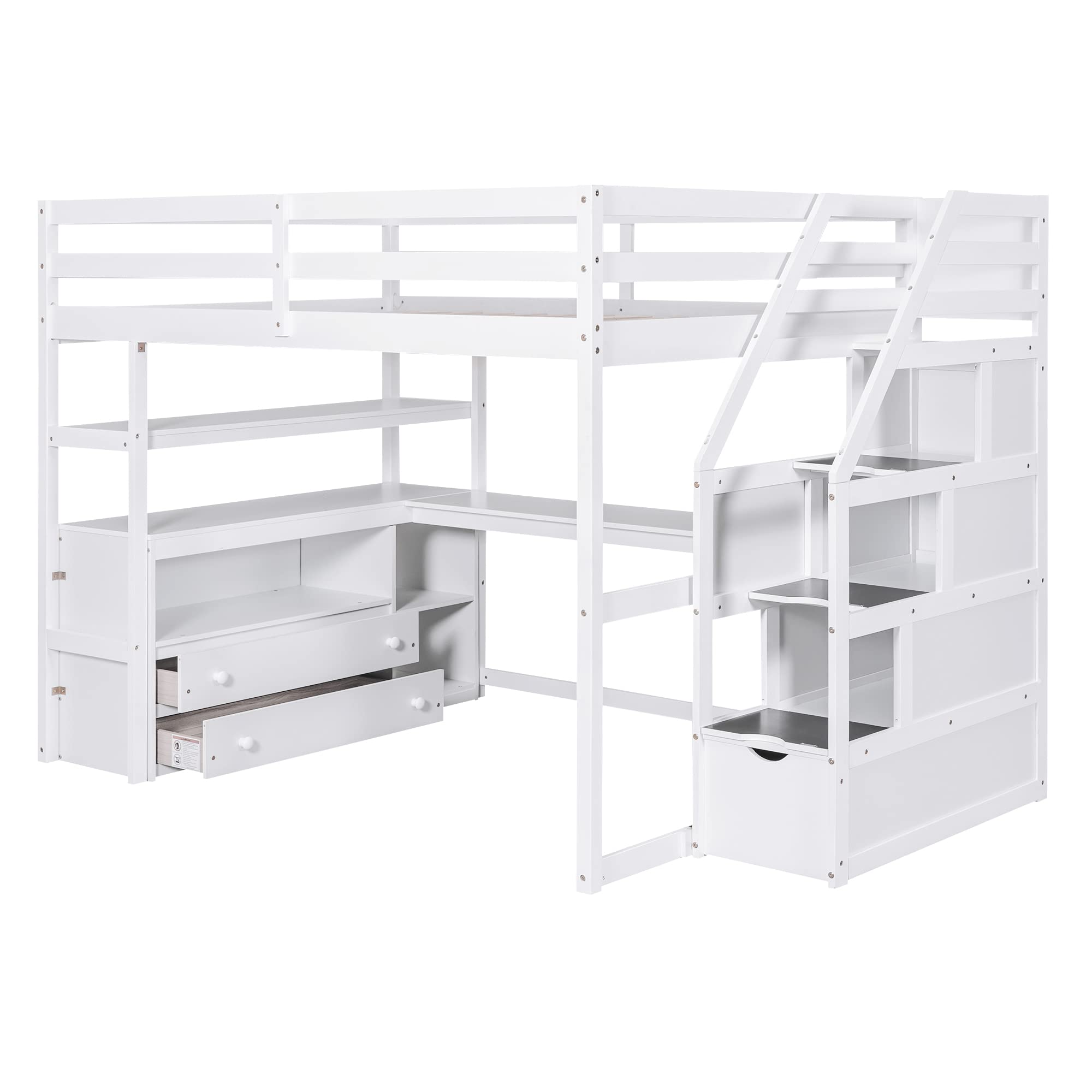 Full Loft Bed with Stairs and Desk, Wood Loft Bed Frame with Storage Cabinet, High Loft Beds with Drawers & Shelf for Kids, Juniors, Teen, Boys, Girls, White