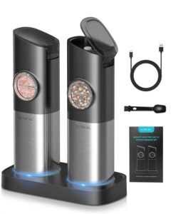 ultrean gravity electric salt and pepper grinder set - usb rechargeable with dual charging base - adjustable fineness - one handed operation, stainless steel construction, auto dust lids, led light