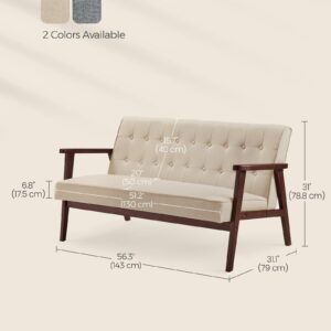 SONGMICS Loveseat Sofa, 2 Seater Cushioned Couch for Small Spaces, Mid-Century Modern 51.2-Inch Wide Seat with Solid Wood Armrests, Easy Assembly, for Living Room Bedroom, Sand Beige ULAC012M01