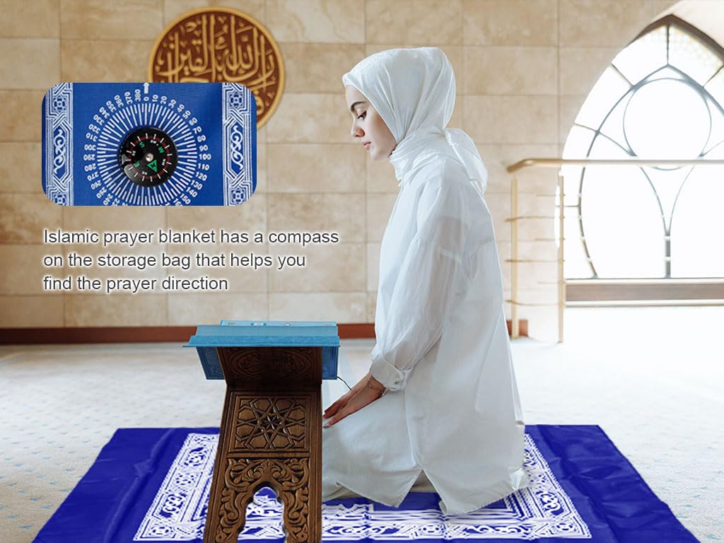 Abiyou 1 Piece Prayer Mat, Musilm Prayer Mat, Polyester Prayer Rug, Portable Travel Prayer Mat, Travel Prayer Rug with Compass, for Muslim Prayer, Ramadan(Blue, 60CMx100CM)