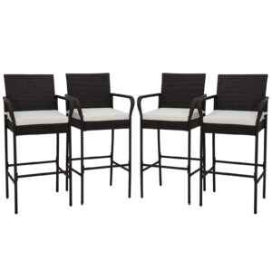 happygrill wicker bar stools set of 4, bar chairs with armrests, footrests, seat cushions, outdoor high back bar stools for patio balcony poolside