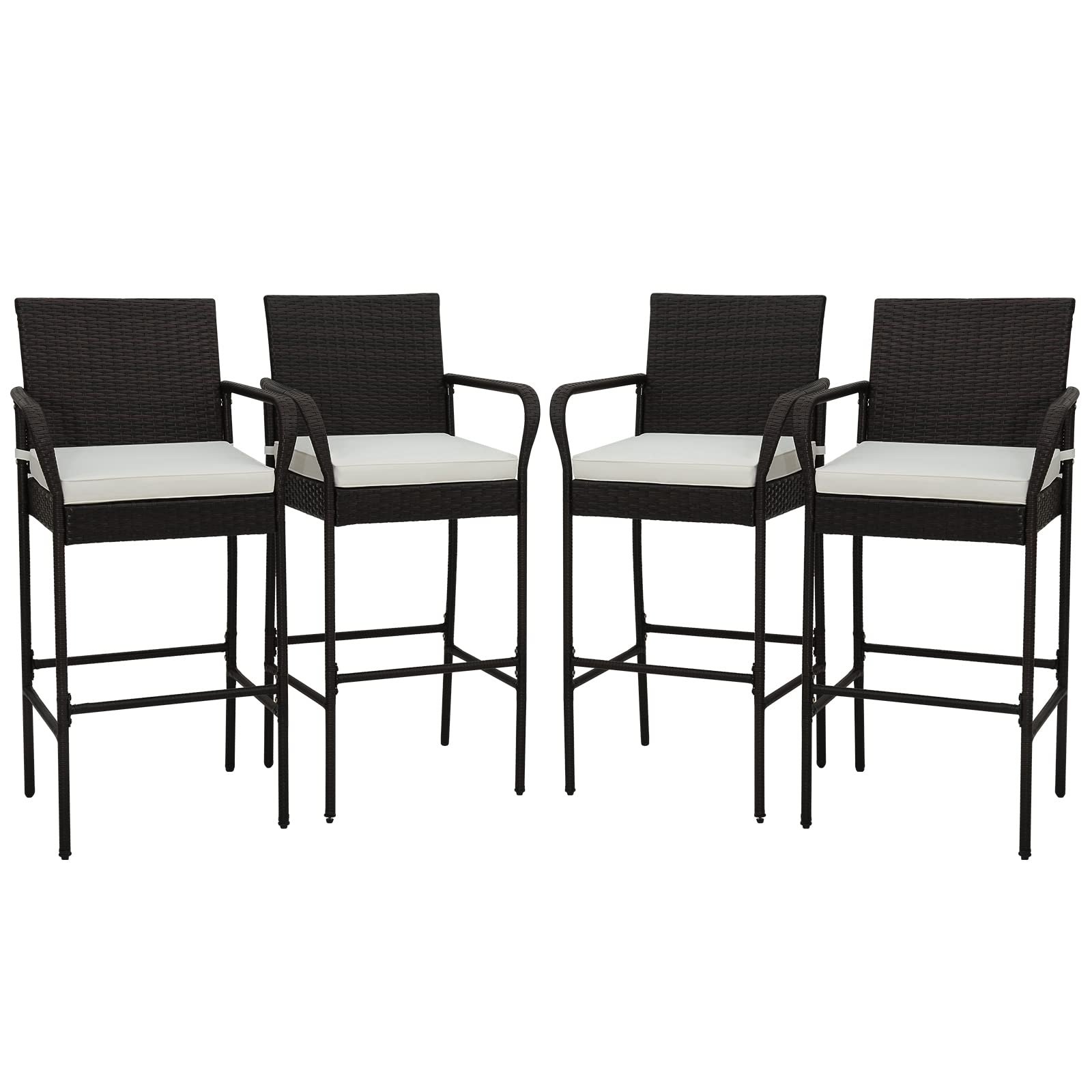 HAPPYGRILL Wicker Bar Stools Set of 4, Bar Chairs with Armrests, Footrests, Seat Cushions, Outdoor High Back Bar Stools for Patio Balcony Poolside